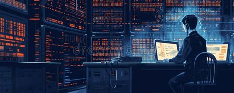 Programmer Working In A Data Center With Screens Of Code Cybersecurity And Software Development