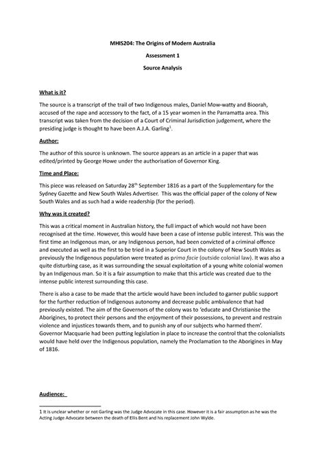 Source Analysis Task Mhis204 The Origins Of Modern Australia Assessment 1 Source Analysis