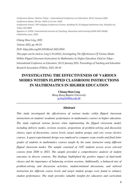 Pdf Investigating The Effectiveness Of Various Modes Within Flipped Classroom Instructions In