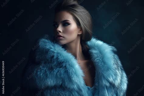 Woman In Luxurious Fur Coat Fashion Model Girl In Blue Fox Fur Coat