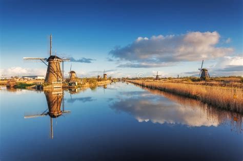 Rustic Landscape With Beautiful Traditional Dutch Windmills Editorial