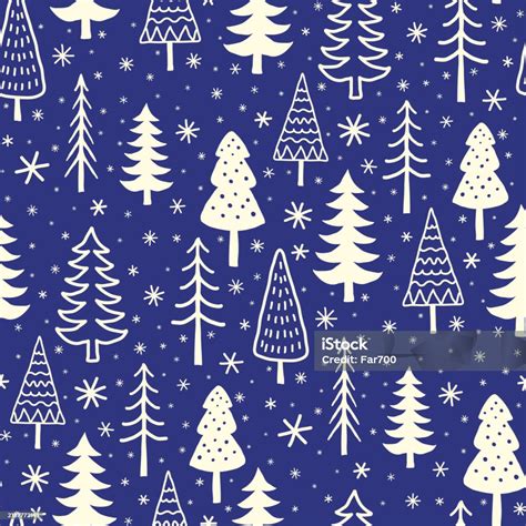 작은 다른 흰색 크리스마스 트리와 눈송이가 진한 보라색 배경에 고립되어 있습니다 귀여운 흑백 완벽 한 패턴 벡터 간단한 평면 그래픽 손으로 그린 그림입니다 텍스처 연속무늬에