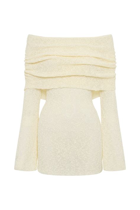 Marisol Off Shoulder Boucle Mini Dress Ivory Meshki