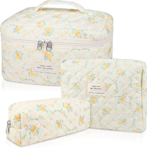 Gosect Quilted Makeup Bag Set Large Floral Cosmetic Bag