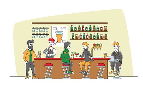 바 레크리에이션 개념 술집을 방문하는 사람들 카운터 데스크에서 술을 마시는 높은 의자에 앉아 노트북에서 사업가 캐릭터 작업 바맨 만들기 칵테일 선형 벡터 일러스트레이션