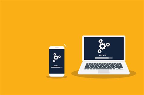 업데이트 프로세스 화면이있는 노트북및 스마트폰 새 소프트웨어 운영 체제 지원을 설치합니다 벡터 일러스트레이션 업데이트 의사소통에 대한 스톡 벡터 아트 및 기타 이미지