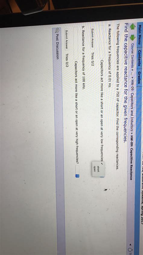 Solved Find The Capacitive Reactance For The Given Chegg
