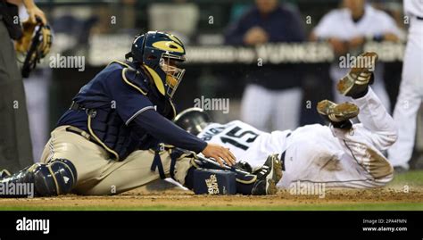 San Diego Padres Catcher Josh Bard Is Late Tagging Seattle Mariners