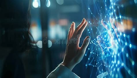 digital neural network business woman hand touching introduction of