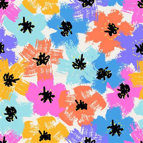 Seamless Pattern With Brush Drawn Flowers Hand Drawn Floral Botanical