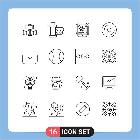Set Of 16 Modern Ui Icons Symbols Signs For Multimedia Dvd Reel Disk Tablet Editable Vector