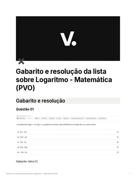 Gabarito E Resolução Da Lista Sobre Logaritmo Pdf