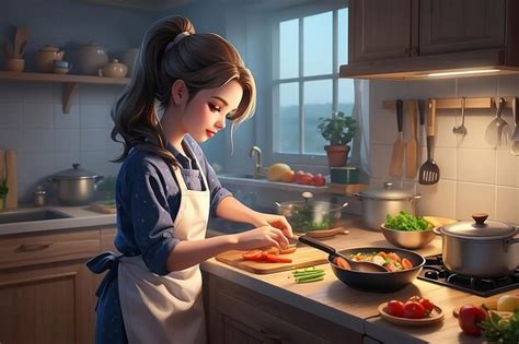 Premium Photo A Girl Cooking Dinner On The Kitchen