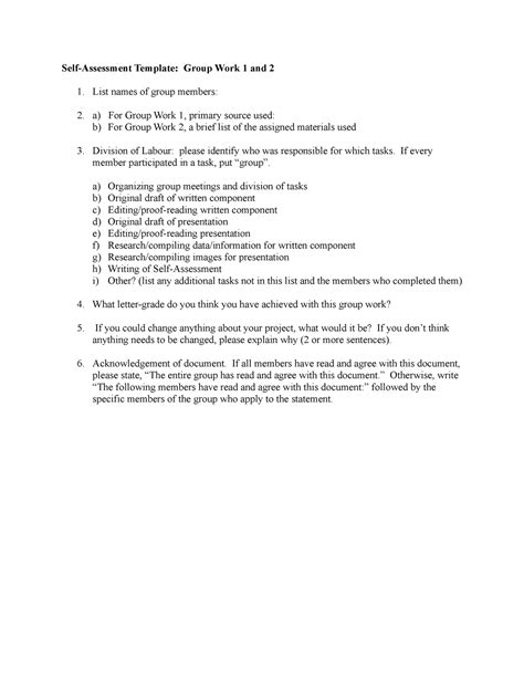 Self Assessment Template Self Assessment Template Group Work 1 And 2