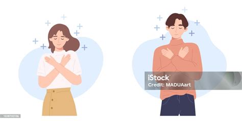 긍정적 인 에너지로 자신을 포용하는 젊은 남자와 여자의 집합 나비 포옹 치료 벡터에 대한 스톡 벡터 아트 및 기타 이미지