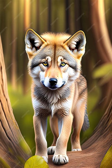 Premium Ai Image Gray Wolf Cub In Forest Digital Artwork