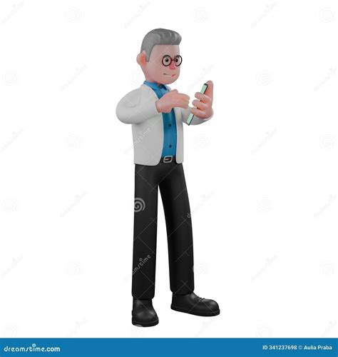 A Male Physicist Is Standing While Playing With His Mobile Phone Stock