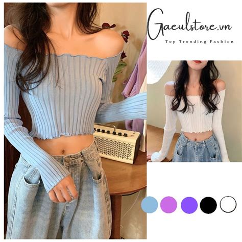 Gaeul Store Áo Croptop Dệt Kim Tay Dài Màu Trơn Phong Cách Hàn Quốc