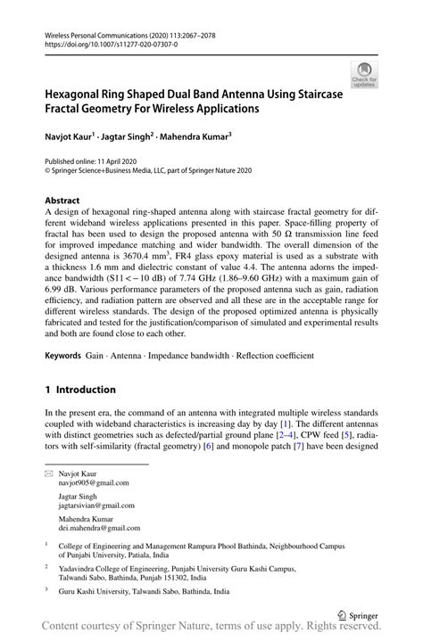 Hexagonal Ring Shaped Dual Band Antenna Using Staircase Fractal