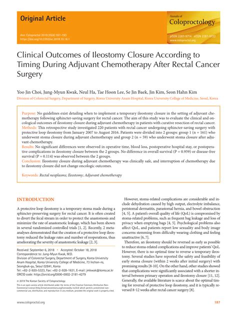 Pdf Clinical Outcomes Of Ileostomy Closure According To Timing During Adjuvant Chemotherapy