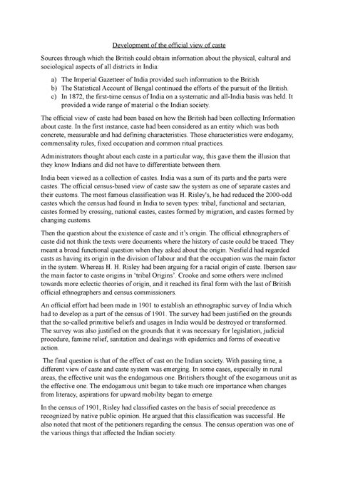 Development Of The Official View Of Caste Sociology Delhi