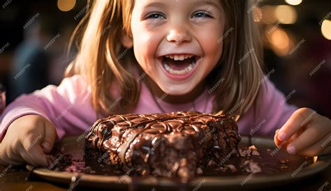 Premium Ai Image Happy Smiling Girl Eating A Chocolate Cake