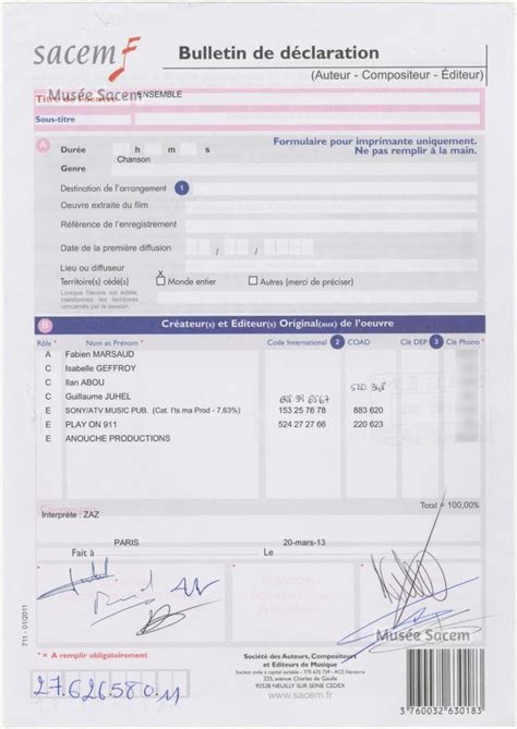 Musée SACEM Bulletin de déclaration Ensemble