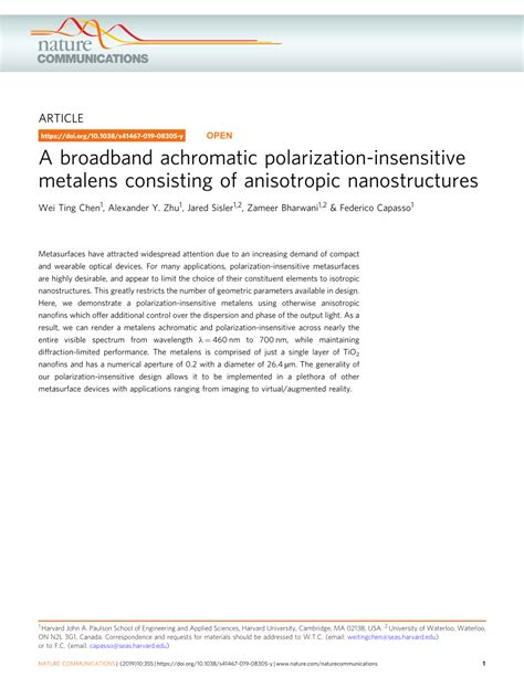 Pdf A Broadband Achromatic Polarization Insensitive Metalens Consisting Of Anisotropic