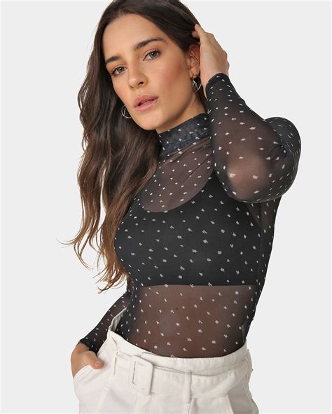 Riachuelo Blusa Feminina Gola Alta Manga Longa Tule Abstrata Preto AK