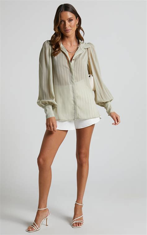 Nitale Sheer Stripe Bishop Sleeve Blouse In Sage Showpo