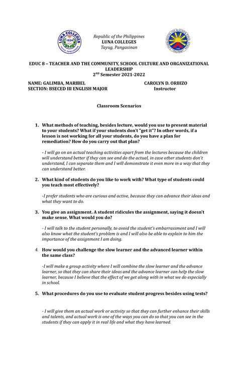 Classroom Scenario Educ 8 Republic Of The Philippines Luna Colleges