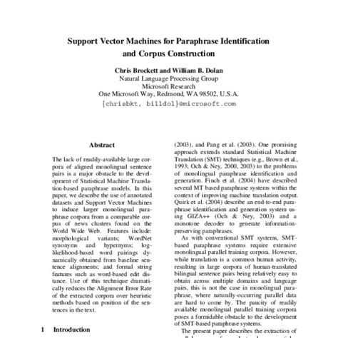 support vector machines for paraphrase identification and corpus