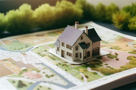 Photo Of Small House Model On Map Brochure Paper Stock Illustration