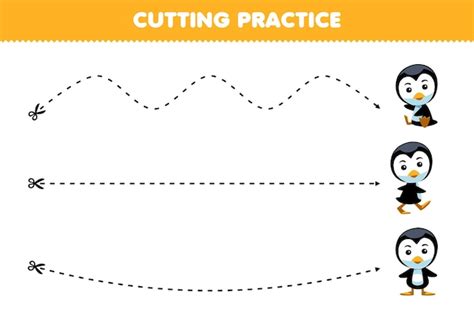 귀여운 만화 펭귄 그림 인쇄용 겨울 워크시트로 어린이 절단 연습을 위한 교육 게임 프리미엄 벡터