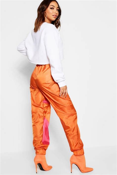 Shell Suit Contrast Panel Jogger Shiny Pants Women Jogger Pants