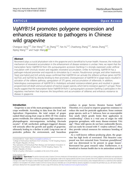 Pdf Vqmyb154 Promotes Polygene Expression And Enhances Resistance To Pathogens In Chinese Wild
