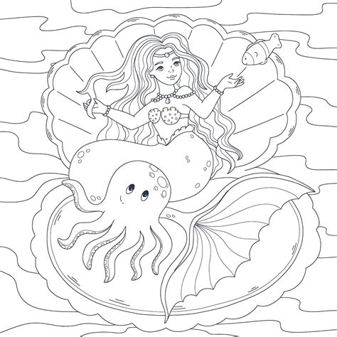 손으로 그린 인어 개요 그림 무료 벡터