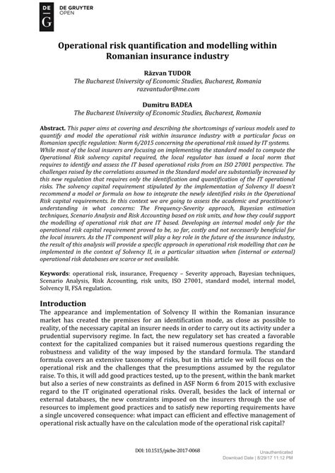 Pdf Operational Risk Quantification And Modelling Within Romanian Insurance Industry