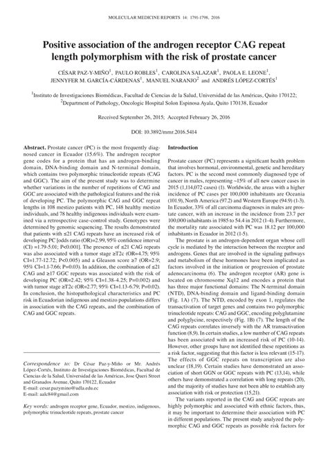 Pdf Positive Association Of The Androgen Receptor Cag Repeat Length Polymorphism With The Risk
