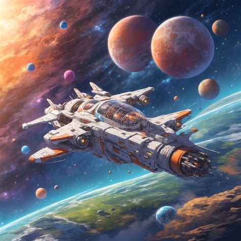 A Ship Flies Through Space In The Distance Surrounded By Planets Stock