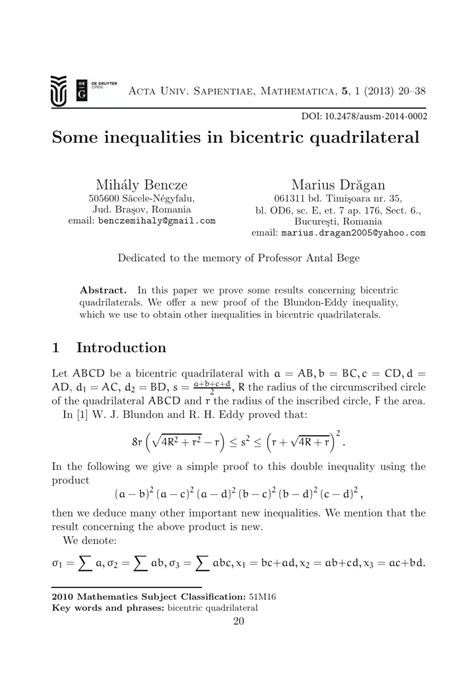 Pdf Some Inequalities In Bicentric Quadrilateral