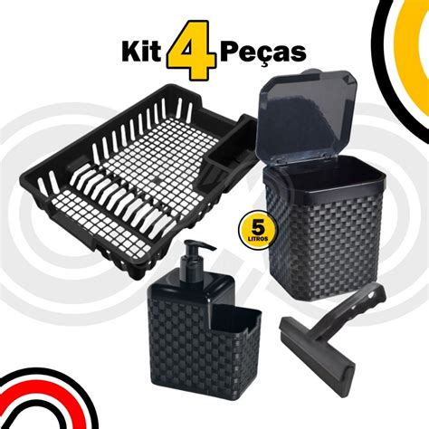 Kit Lixeira 5 Litros Porta Detergente Rodinho De Pia Escorredor