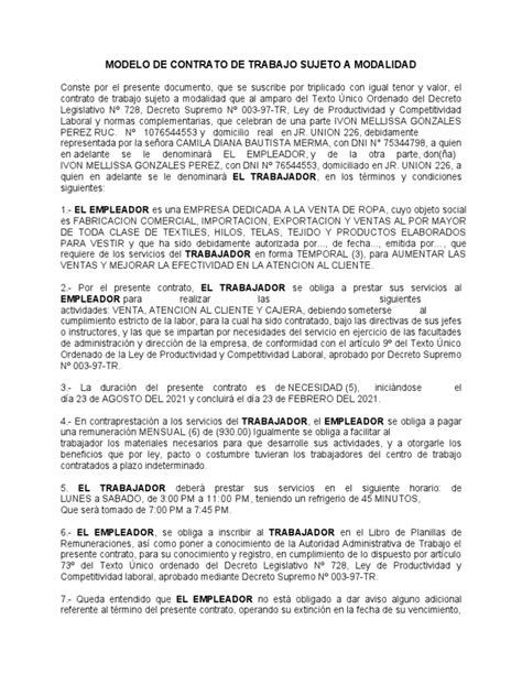 Modelo De Contrato De Trabajo Sujeto A Modalidad Pdf Derecho