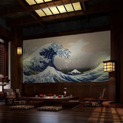 日式墙纸浮世绘背景墙布和风自粘寿司餐厅装饰壁画海浪防水榻榻米 虎窝淘