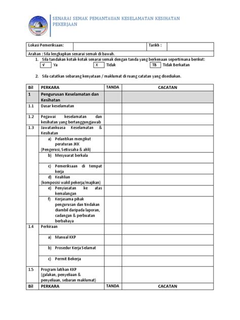 Senarai Semak Pemantauan Keselamatan Kesihatan Pdf