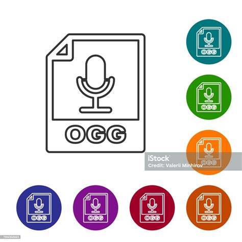 灰色 Ogg 檔文檔圖示下載在白色背景上隔離的 Ogg 按鈕線圖示ogg 檔符號在顏色圓圈按鈕中設置圖示向量插圖向量圖形及更多互聯網圖片