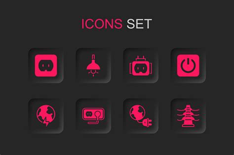 전기 콘센트 램프 매달기 플러그가 있는 글로벌 에너지 행성 전원 버튼 타워 라인 티 전기 및 벼락 아이콘을 설정합니다 벡터 0명에 대한 스톡 벡터 아트 및 기타 이미지