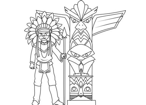 Nativo Americano Con Un Tótem Para Colorear Imprimir E Dibujar