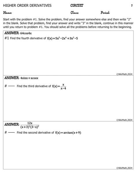 Higher Order Derivatives Circuit Training 11 Problems By Niki Math