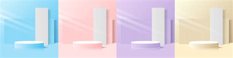 사실적인 3d 실린더 받침대 연단 또는 파스텔 블루 핑크 퍼플 및 베이지 색 또는 갈색 배경 3d 렌더링과 두 장의 직사각형